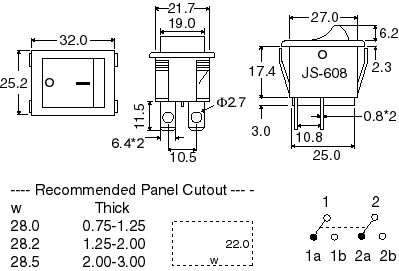 Switch Channel - 25x32mm Large-Size DPST On-Off Rocker Switch (JS-608-R)